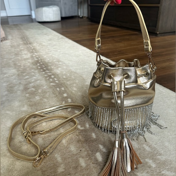 Bags | Gold Bucket Bag With Rhinestone Fringe | Poshmark